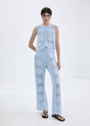 Mango Gilet en maille avec broderies ajour&eacute;es bleu ciel - Femme - XS - MANGO