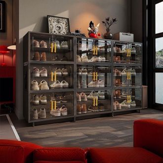 Generic Staubdichter Stapelbarer Schuhschrank, Transparente Schuhboxen mit Magnettüren, Leichter Plastikorganizer (Schwarz)(3Columns x 6Tiers)