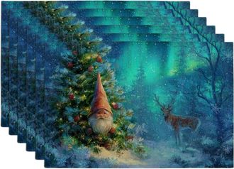 Generic Winter Wonderland Platzsets mit Zwerg und Hirsch, blau, festliche Tischsets f&uuml;r Urlaub, Esszimmer, rutschfest, waschbar, f&uuml;r drinnen und drau&szlig;en, deko