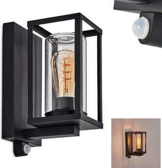 HOFSTEIN Außenwandleuchte Portalis, Außenleuchte mit Bewegungsmelder aus Metall/Glas in Schwarz/Klar, moderne Wandlampe für Terrasse/Hof/Eingangsbereich, 1 x E