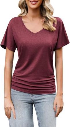 Generic Chemisier uni à manches courtes pour femme avec col en V et manches courtes, chemisier froncé, chemise ample, décontracté, tendance, haut dété, vêteme