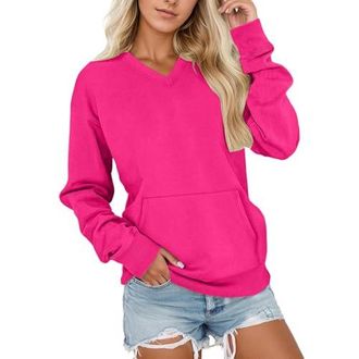 Generic Sweat-shirt de sport ample et tendance &agrave; col en V pour femme - L&eacute;ger et confortable - Pour lautomne et les loisirs - Couleur unie, rose rouge, XXL