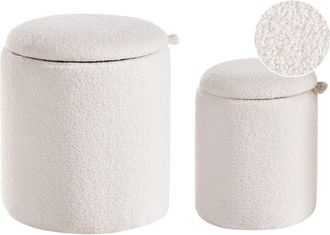 Beliani Pouf mit Stauraum 2er Set BEREA Boucl&eacute; Cremewei&szlig;