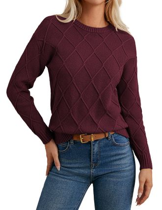 Grace Karin Damen Pullover mit Rautenmuster Warm Strickpullover Langarm Rundhals Pulli Sweater Herbst Winter Weinrot XL