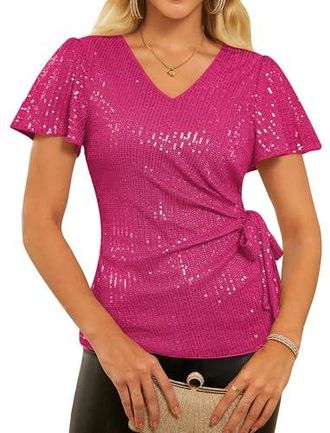 Grace Karin Femme Haut Chic &Agrave; Sequins Blouse Soir&eacute;e &Eacute;l&eacute;gante &Agrave; Paillettes Top De F&ecirc;te Col en V Manches &Agrave; Volants Courtes Rose Rouge XXL