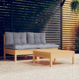 vidaXL 3-tlg. Garten-Lounge-Set mit Grauen Kissen Kiefernholz - Vidaxl