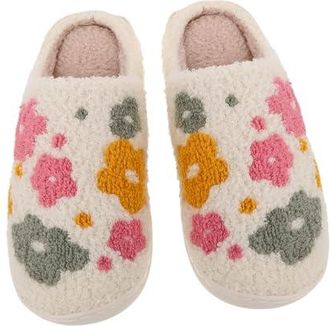 Yarnow Pantoufles Femme Hiver Douillettes Pantoufles Furry Antidérapantes Légères Intérieur Confortable Coton avec Motif Floral Brodé Chaussures de Maison Ch
