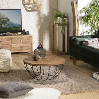 Macabane SIXTINE - Table basse ronde 80x80cm plateau bois teck recycl&eacute; noir