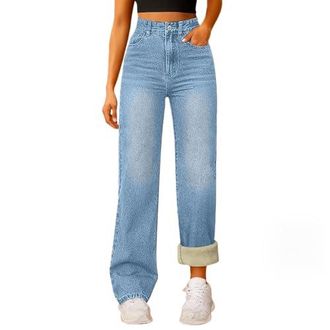 Generic Jean doubl&eacute; en polaire pour femme - Taille haute - Jambe large - Extensible - Taille haute - Coupe droite - Joli petit ami, bleu clair, XXL