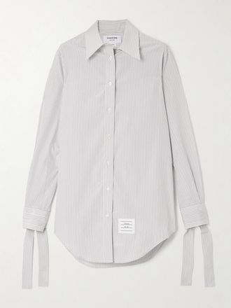 Thom Browne Mini-hemdblusenkleid Aus Einer Gestreiften Seiden-baumwollmischung Mit Applikation - Grau