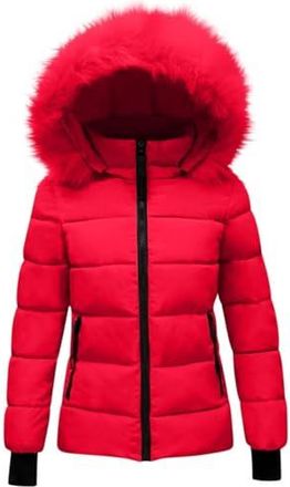 ORANDESIGNE Doudoune Femme Hiver Blouson Legere &agrave; Capuche Col en Fourrure Veste Chaude Slim Fit Parka A Rouge 3XL