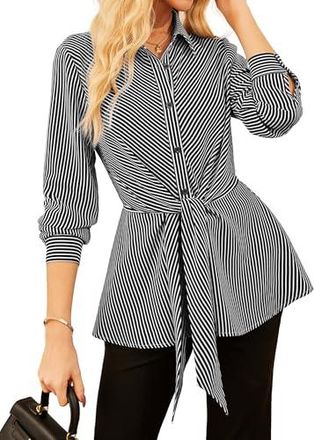 Grace Karin Chemisier rayé à manches longues pour femme - Chemise daffaires boutonnée - Haut péplum à nouer sur le devant, Noir, M