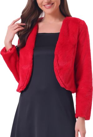 Allegra K Damen Weihnachts-Abend-Stola Hochzeits-Kleid Flauschige Formelle Kunstfell Bolero Jacke, rot, M