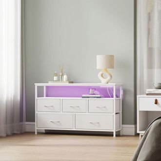 Songmics Meuble de Rangement avec LED R&eacute;glable et Multiprise, 5 Tiroirs en Tissu, Style Moderne, Chambre, Blanc