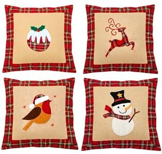 Shatchi Set mit 4 Kissenbez&uuml;gen, Rentiere, Schneemann, Rotkehlchen, Weihnachtspudding, bedrucktes Muster, Kissenbez&uuml;ge, Sackleinen, Baumwolle, Leinen, Sofa, B