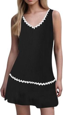 Generic 2026 Robes amincissantes pour femme Printemps et &eacute;t&eacute; Jupe courte d&eacute;contract&eacute;e col en V Slim confortable couleur unie robe, Noir, XXL