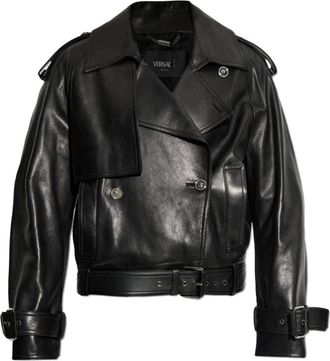 Versace Femme, Vestes, Noir, Taille: 36 FR Veste Trench Courte en Cuir Plongé