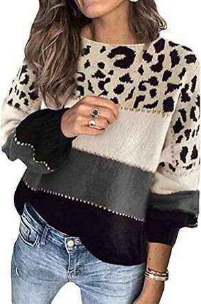 TOMWELL Pull Femme Hiver Chaud Épais Chic Rayé Ample Mode en Maille Col Rond Hauts Manche Longue Fashion Decontracté Tendance Pullover B Gris M