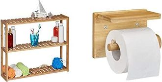 Relaxdays Wandregal Bambus, 3 Ablagen, 50 x 60 x 15 cm, Bad & K&uuml;che, Natur & Toilettenpapierhalter mit Ablage, f&uuml;r Handy & Feuchtt&uuml;cher, Bambus Klopapierhalter,