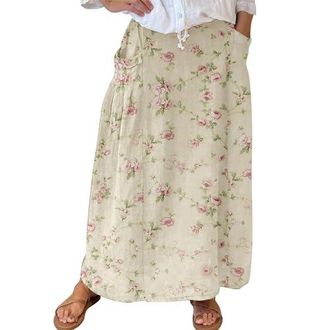 Generic Jupe longue fendue r&eacute;tro en lin &agrave; taille &eacute;lastique pour femme, kaki, XL