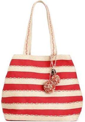Cafènoir Sac De Courses En Raphia Et Toile Avec Breloque Pompon, Pour Femme, Couleur Rouge, Taille Taille Unique