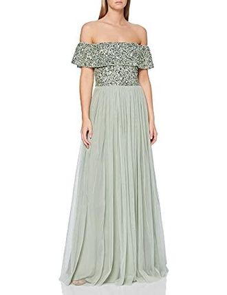 Maya Femme Ladies Bardot Dress For Women Maxi Embellished Hight Empire Waist Sleeveless Tulle For Wedding Guest Robe de demoiselle d honneur, Green Lily, 4