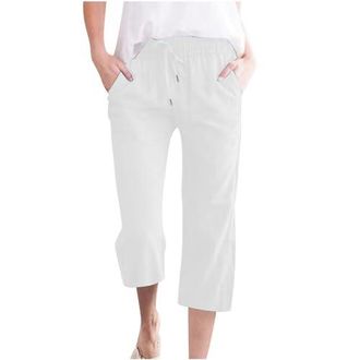 Generic Pantacourt 3/4 pour femme - En coton et lin - Taille haute &eacute;lastique - Cordon de serrage - Pour l&eacute;t&eacute; et lautomne - Couleur unie - Poches - Pantalon am