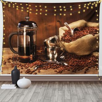 Abakuhaus Kaffee Wandteppich und Tagesdecke, Franz&ouml;sisch Presse Cups und Bohnen aus Weiches Mikrofaser Stoff Waschbar ohne Verblassen Digitaldruck, 230 x 140 cm