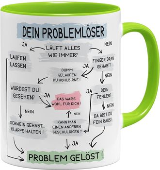 OM3 lustige Kaffee-Tasse mit Spruch - Problemlösung auf der Arbeit - Problemlöser - Keramik Becher - 11oz 325ml - Beidseitig Bedruckt - Hellgrün