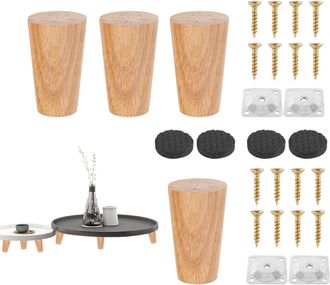Generic Holzm&ouml;belbeine | Set Mit 4 Runden Spindelf&uuml;&szlig;en Aus Gedrehtem Holz | Ersatz-Sofabeine Mit Schraubmontageplatten Anti-Rutsch-Pads | Robuste, Stilvolle W