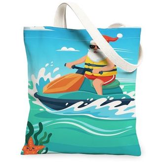 Generic Sac fourre-tout en toile avec motif P&egrave;re No&euml;l, motifs amusants, l&eacute;gers, lavables et r&eacute;utilisables pour la plage, les voyages, les pique-niques, bleu, 