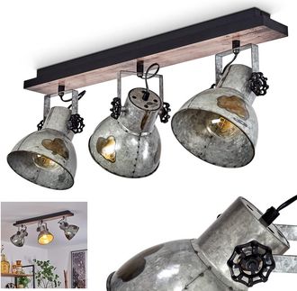 HOFSTEIN Deckenleuchte Hora, Vintage/industrielle Deckenlampe aus Stahl in Silberfarben/Holzoptik/Schwarz, 3 x E27-Fassung, 3-flammig, &Oslash; 17,5 cm, beliebig schw