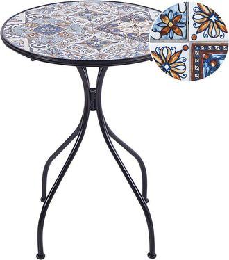 Beliani Table de Balcon Vintage en M&eacute;tal Ext&eacute;rieur Plateau en Mosa&iuml;que Cadre en Fer Noir Civita