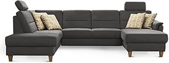 Cavadore U-Form-Sofa Palera / Federkern-Wohnlandschaft mit Schlaffunktion, Stauraum und 2 Kopfstützen / 314 x 89 x 212 / Mikrofaser, Grau