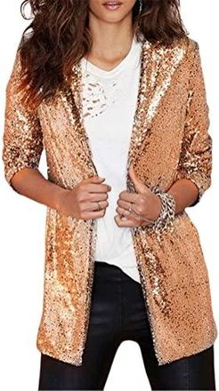 Minetom Blazer à Paillettes Femmes Chic Sequin Veste Casual Elegant Manches Longues Glitter Party Brillant Manteau Rave Blazer Veste De Costume D Or XL