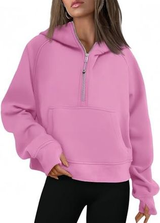 Generic Sweat-shirt surdimensionn&eacute; &agrave; manches longues et demi-fermeture &eacute;clair pour femme, avec trou pour le pouce et poches, rose, XXL