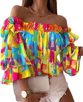 Onsoyours Chemisier Femme Epaule Dénudée Grande Taille Blouse Haut Sexy Top Epaule Nu Chemisier Col Bandeau Tee-Shirt Imprimée Fleurie Fluide Chic Tops E Multic