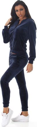 Voyelles Damen Wellnessanzug Hausanzug Jogginganzug Wohlf&uuml;hlanzug Freizeitanzug Zweiteiler Kapuze Jogger Langarm Blau-S