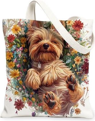 Generic Spring Yorkies Sac fourre-tout en toile r&eacute;utilisable pour faire du shopping 33 x 38,1 cm Motif floral mignon et floral Pour femme