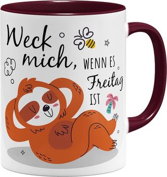 OM3 witzige Kaffee-Tasse mit Spruch - Faultier (Sloth) - Wecke mich auf, wenn es Freitag ist - Spruchtasse - Keramik Becher - 325ml - Beidseitig Bedruckt 