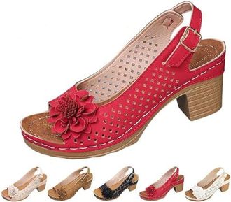 Generic Sandales &agrave; talon carr&eacute; avec boucle pour femme, bout ouvert et bride arri&egrave;re, sandales &agrave; talons bas et &eacute;pais, Rouge, 41.5 EU