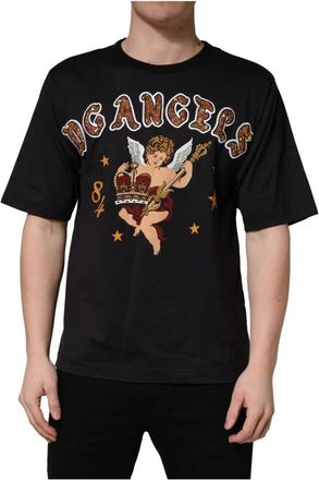 Dolce & Gabbana Homme, Tops, Noir, Taille: XS T-shirt en coton &agrave; col rond et imprim&eacute; dange