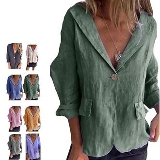 Generic Manteau fin décontracté en coton et lin avec revers à un seul bouton, veste blazer décontractée en coton et lin pour femme, Vert, 4XL