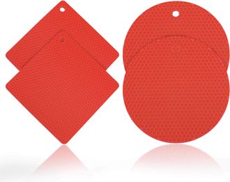 Kochblume Wabenuntersetzer Eckig & Rund 4er Set | Hitzeschutz | Als Untersetzer oder Topflappen | Premium-Silikon | Hitzbeständig | Spülmaschinenfest | Farbe: r
