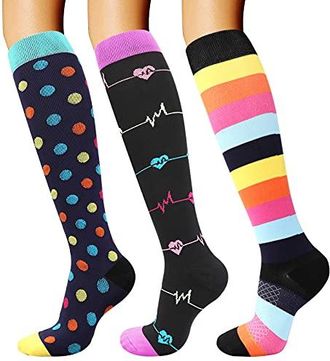 Dreshow Paires de Chaussettes de Compression pour Hommes et Femmes pour Sport, Cyclisme, Voyage en Avion, Course à pied, Grossesse,Multicouleur,Lot de 3, L-XL