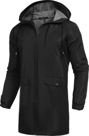 Coofandy Langer Regenmantel f&uuml;r Herren, leichte Regenjacke, wasserdichte Outdoor-Jacken mit Kapuze, Schwarz, XXL