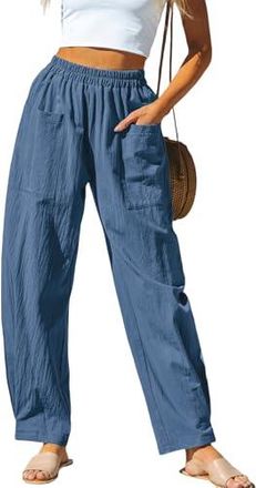 Cupshe Pantalon pour femme en coton élastique taille haute poches plaquées Pantalon large fuselé, bleu marine, XL