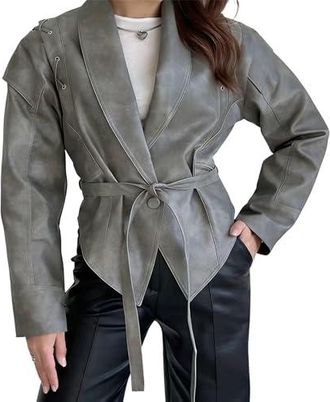 Generic Veste en cuir pour femme - Style r&eacute;tro surdimensionn&eacute; - Marron - Veste en similicuir avec ceinture - Tenue dautomne pour femme - Tendance printemps, g