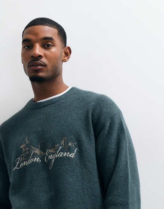 Abercrombie & Fitch pull en maille &agrave; col rond imprim&eacute; London vert fonc&eacute;