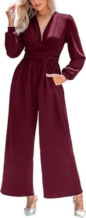 Cupshe Combinaison pour femme avec col en V plongeant et manches longues bouffantes - Salopette jambe large - Élégante combinaison-short avec poches, bordeau